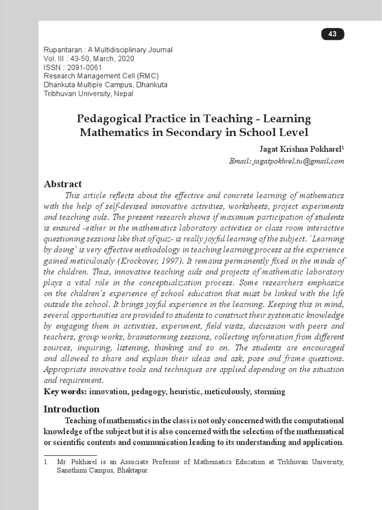 Pedagogical Practice in Teaching - Learning Mathematics in Secondary in ...