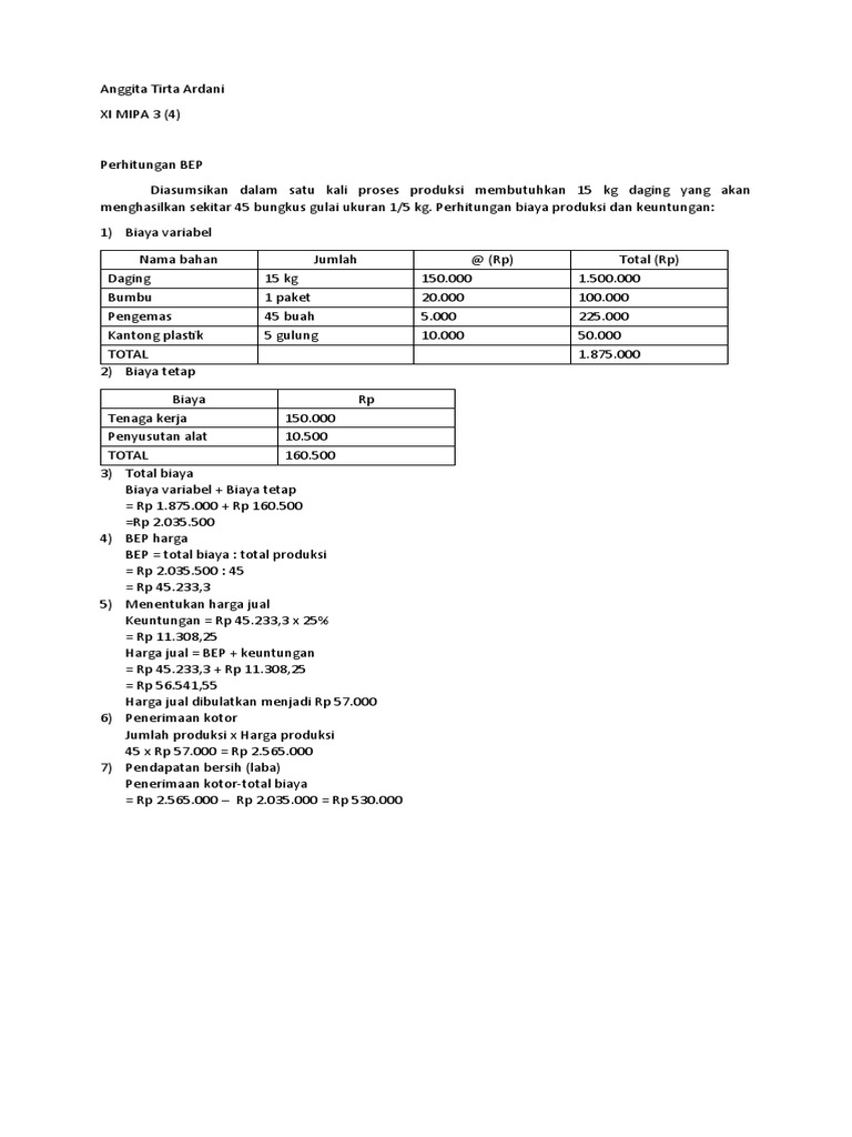 Contoh Perhitungan BEP | PDF | Metode & Bahan Ajar | Sains & Matematika
