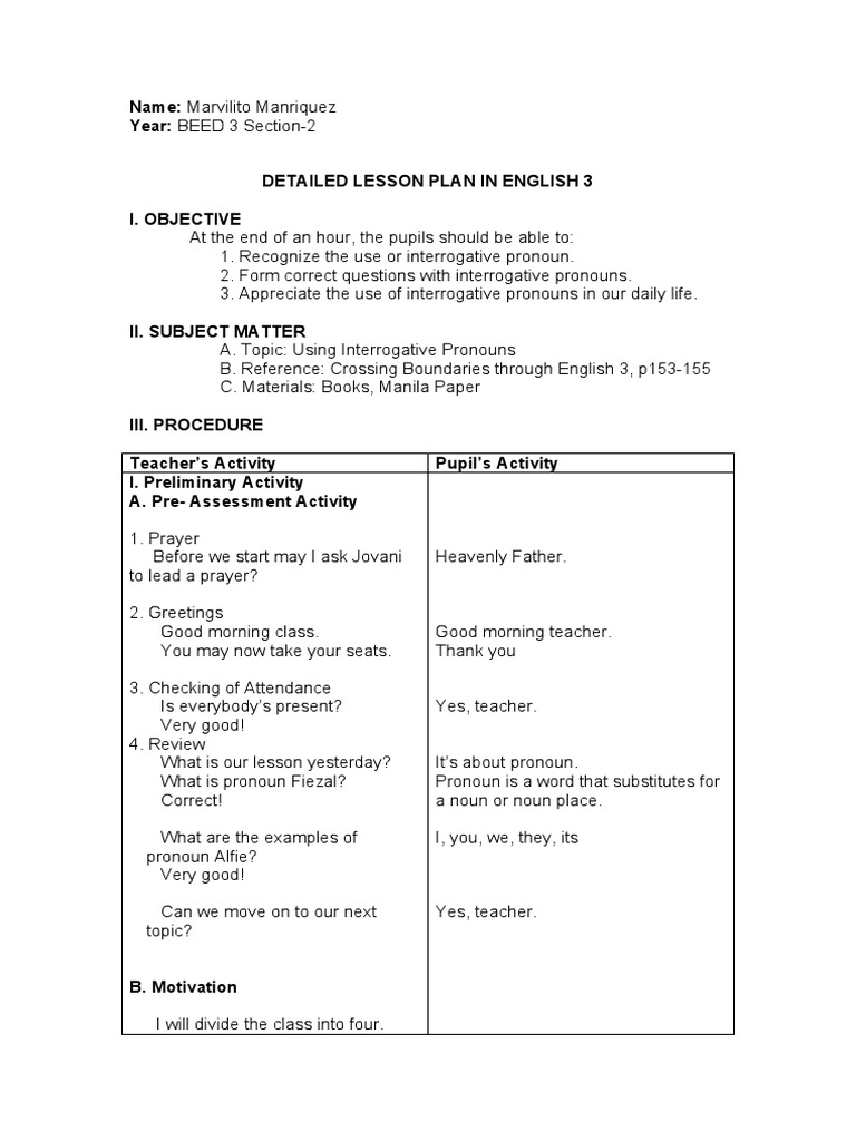 Interrogative Pronouns Lesson Plan | PDF | Pronoun | Question