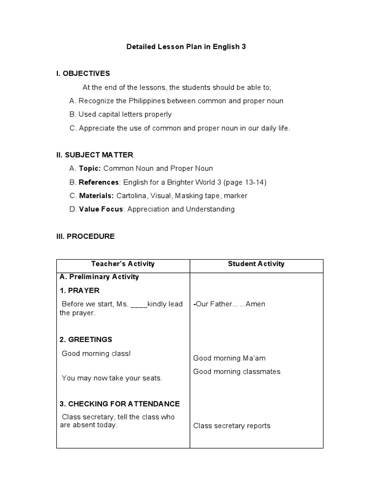 English 3 - Detailed Lesson Plan | Download Free PDF | Noun | Lesson Plan