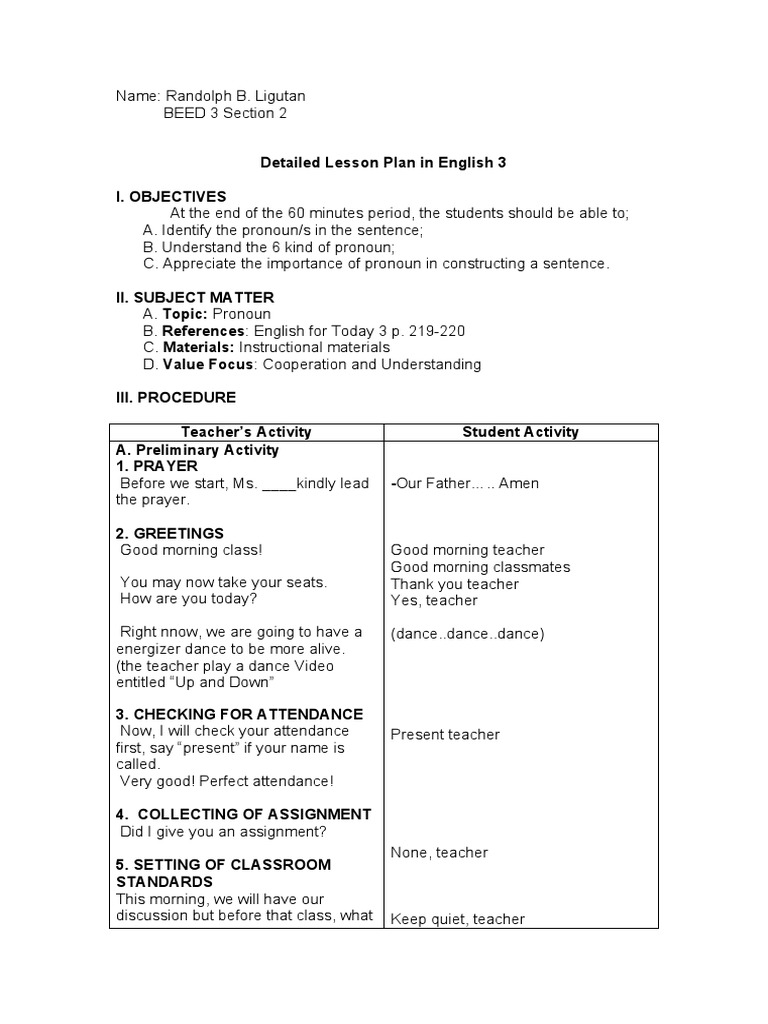 English-Detailed Lesson Plan | Download Free PDF | Pronoun | Linguistic ...