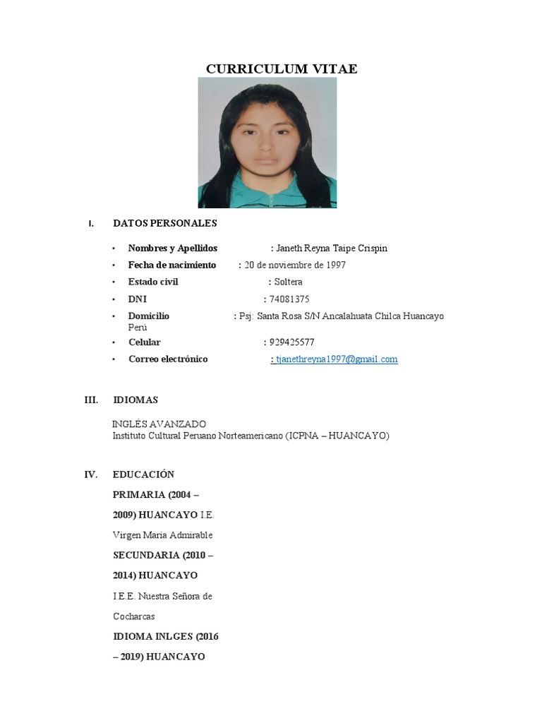 Cv. Janeth Reyna Taipe Crispin | PDF