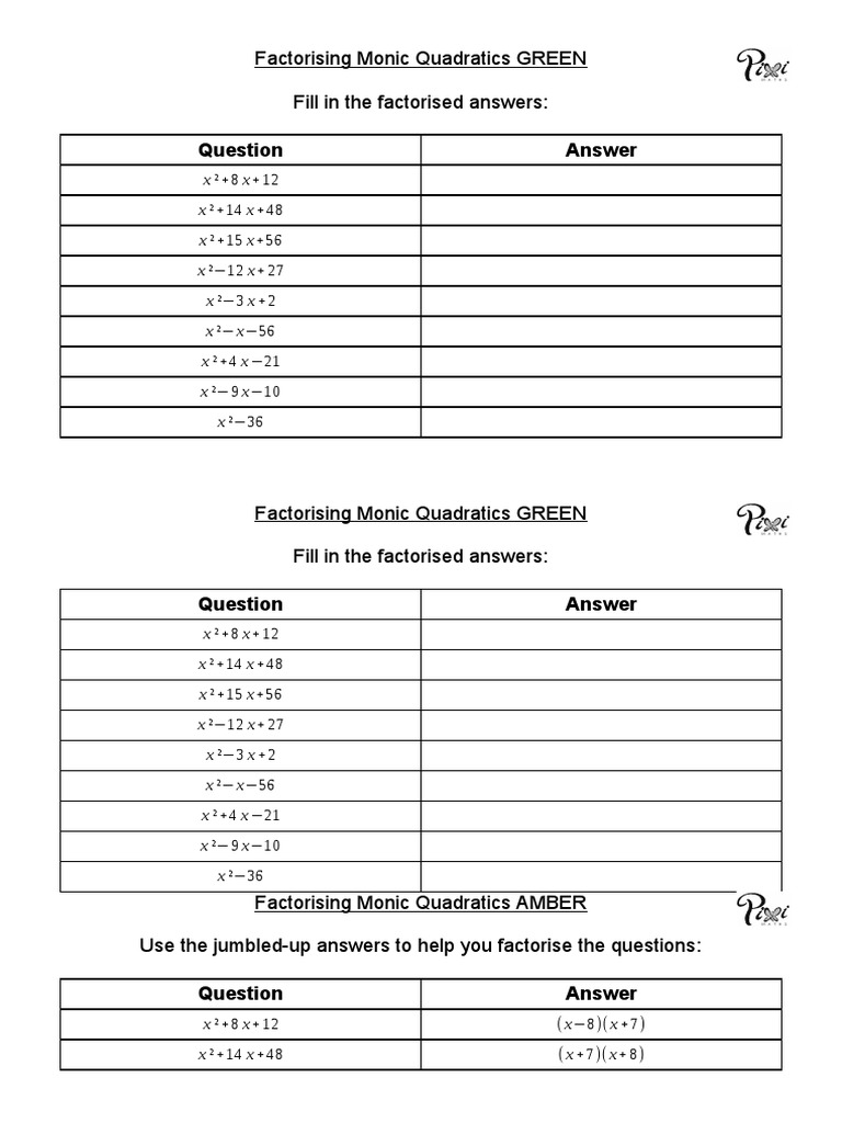 Answer: Factorising Monic Quadratics GREEN Fill in The Factorised ...