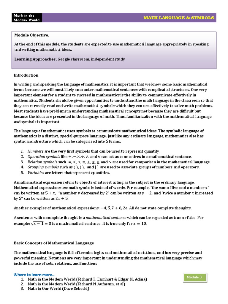Module 3 Math Language | PDF | Set (Mathematics) | Rational Number