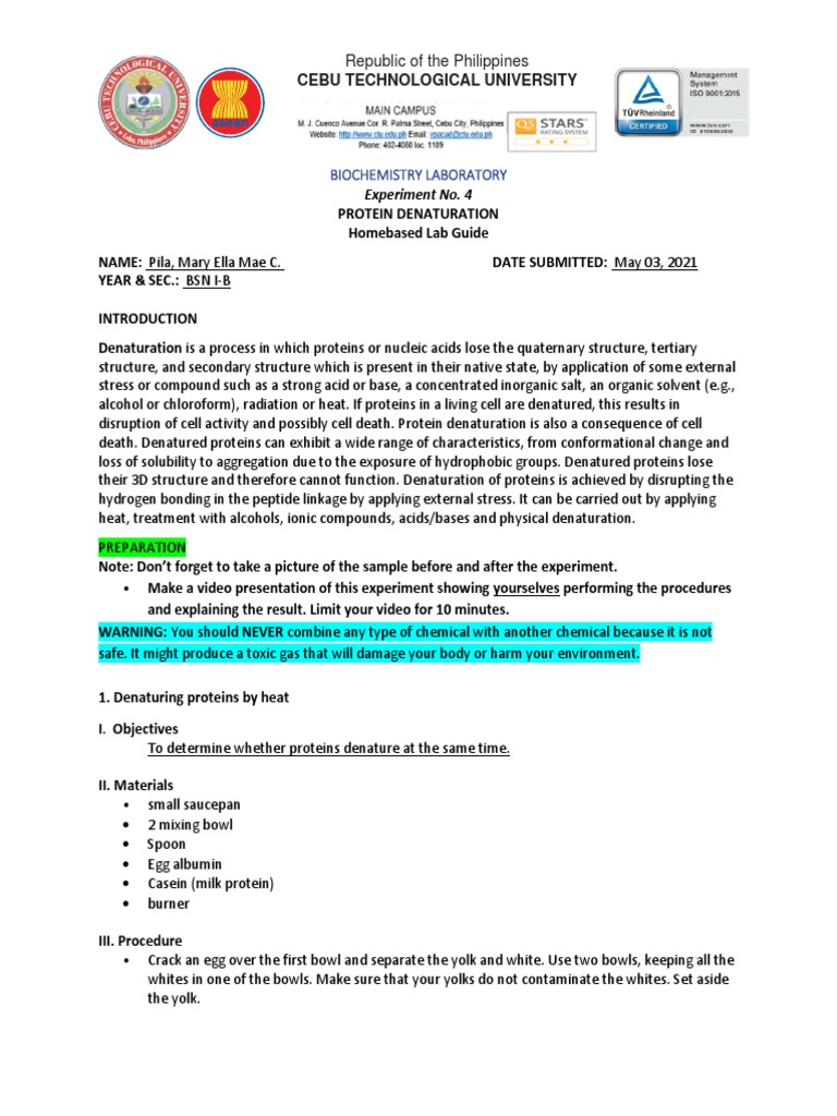 Protein Denaturation Experiment Guide | PDF | Denaturation ...