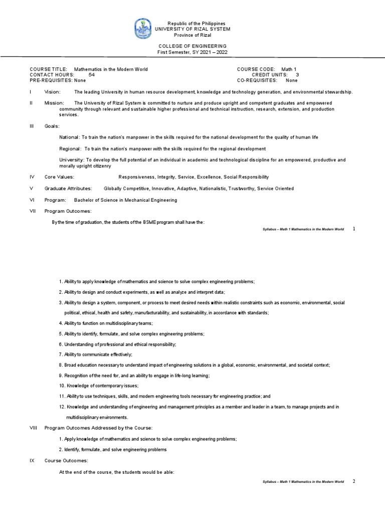 Syllabus OBE Math 1 Mathematics in The Modern World 2021 JAVIER | PDF ...