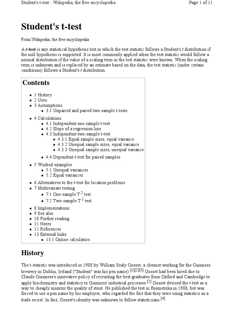 Student's T-Test | PDF | Student's T Test | P Value