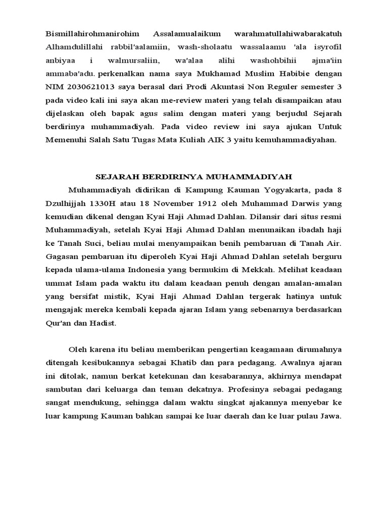 Sejarah Berdirinya Muhammadiyah | PDF