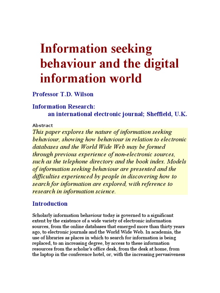Information Seeking Behaviour and The Digital Information World | PDF ...