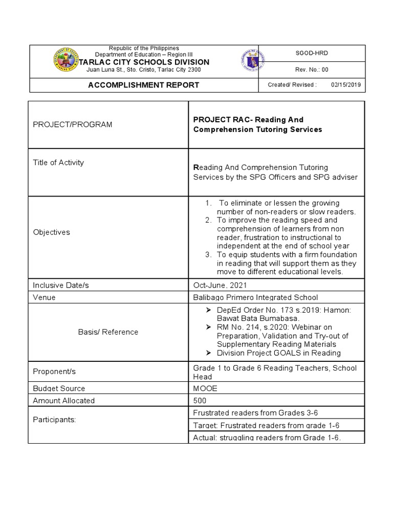 Accomplishment Report PROJECT RAC-SPG | PDF | Educational Psychology ...