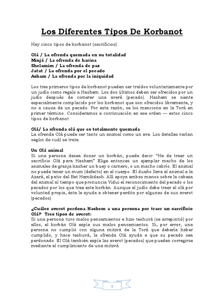 Los diferentes tipos de korbanot y sus propósitos | PDF | Korban | Mitzvá