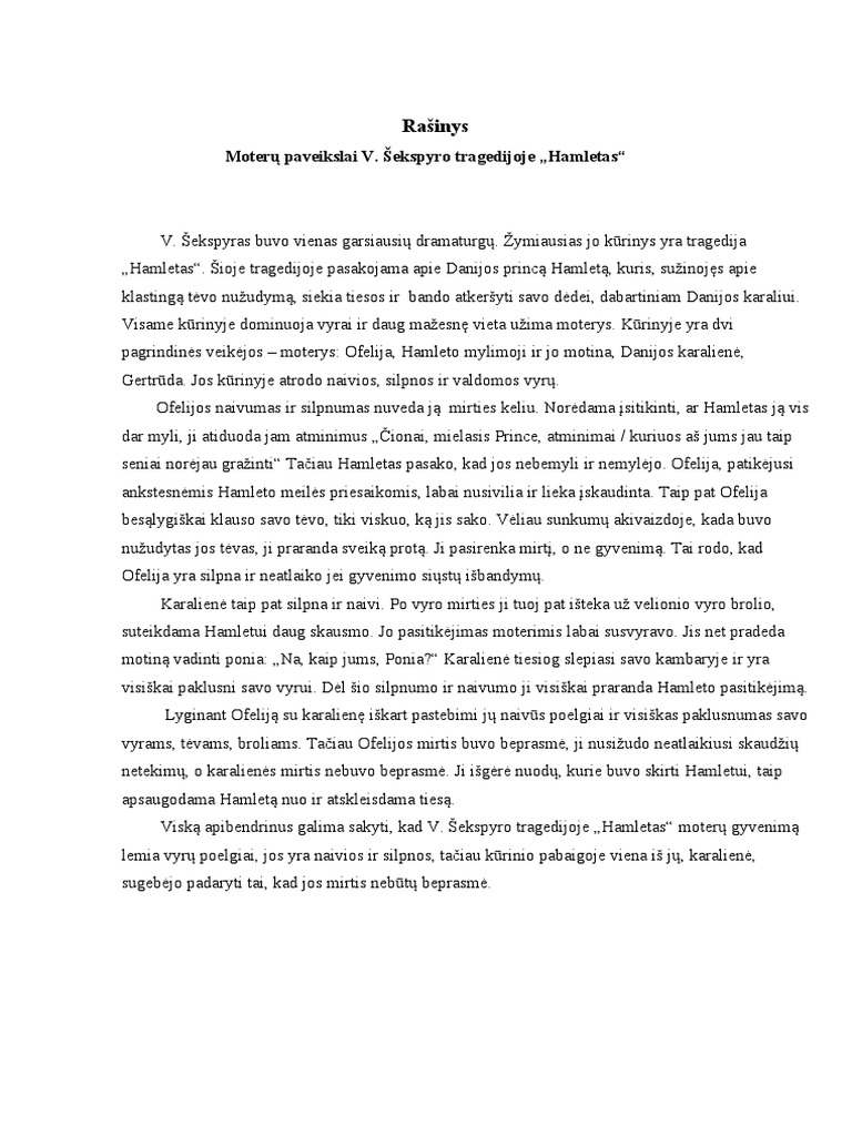 Moterų Paveikslai V. Šekspyro Tragedijoje Hamletas | PDF