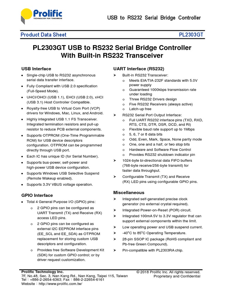 PL2303GT USB To RS232 Serial Bridge Controller With Built-In RS232 ...
