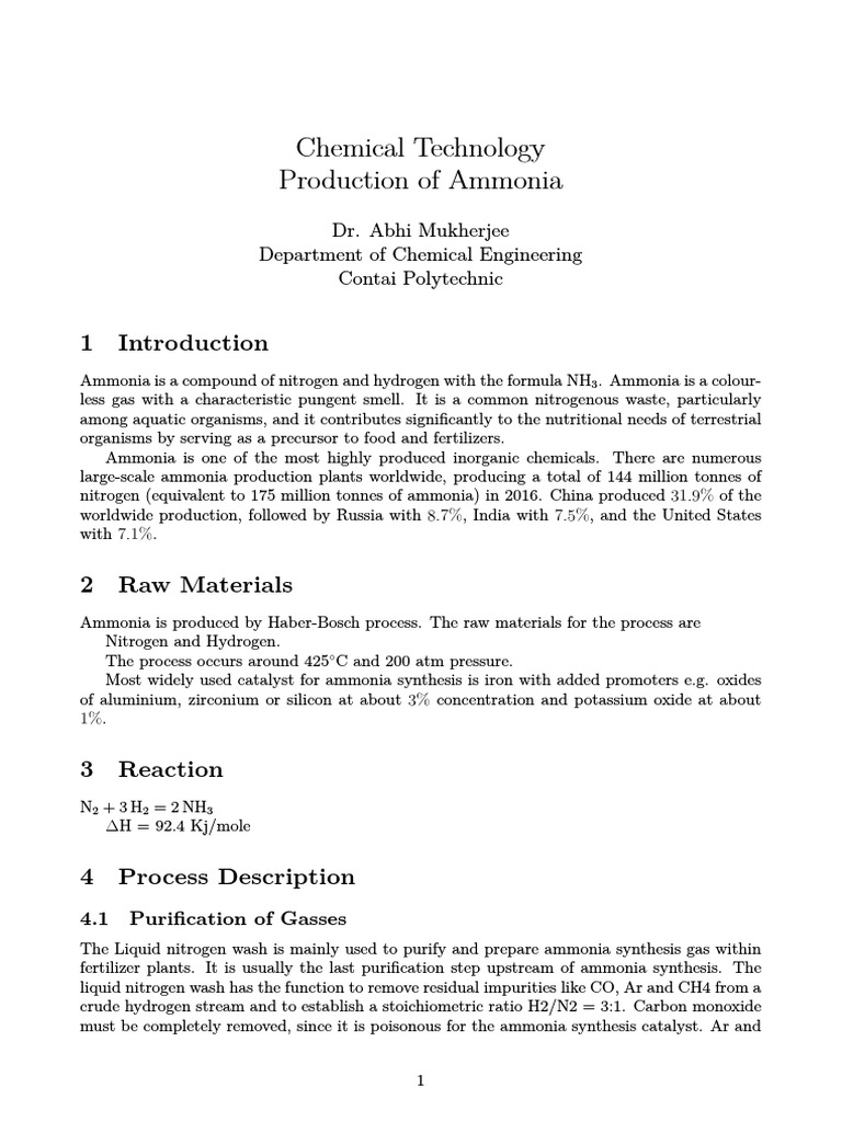 Chemical Technology Production of Ammonia: Dr. Abhi Mukherjee ...