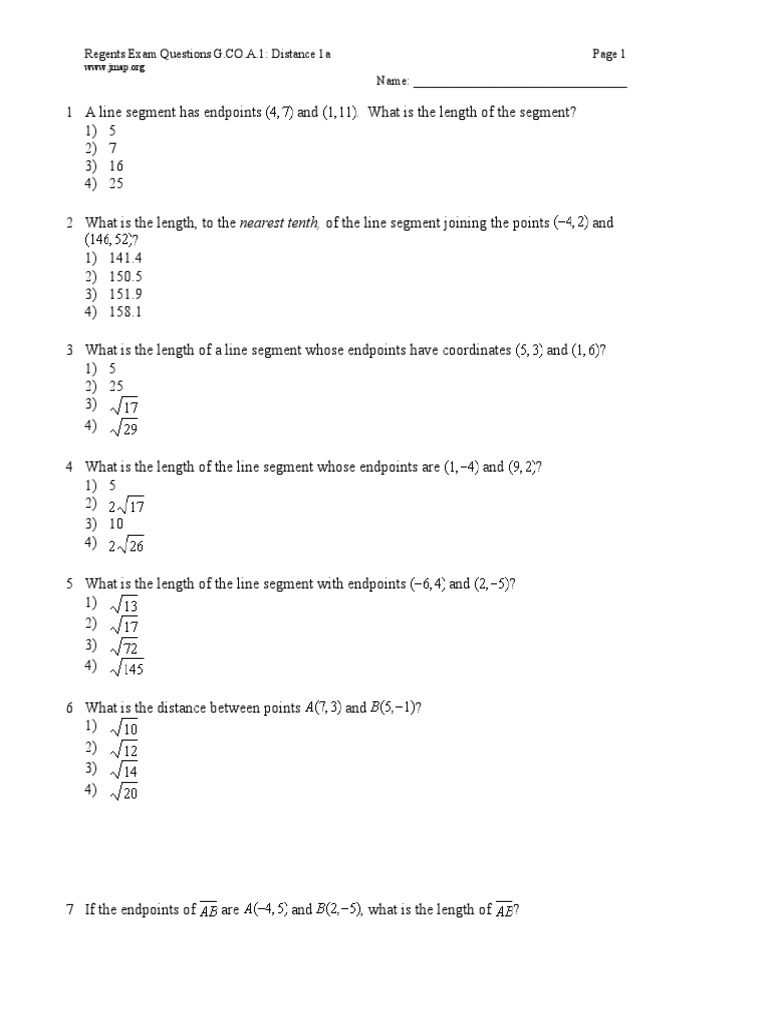 Regents Exam Questions G.CO.A.1: Distance 1a Name | PDF | Geometry ...