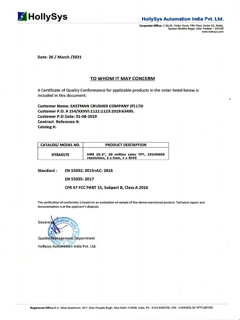 HMI Certificate of Conformity | PDF