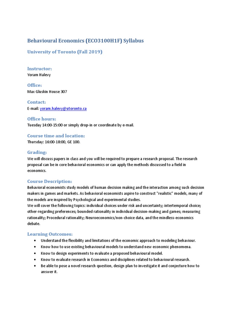 Behavioural Economics Syllabus UofT - ECO3100 - Fall2019 | PDF ...