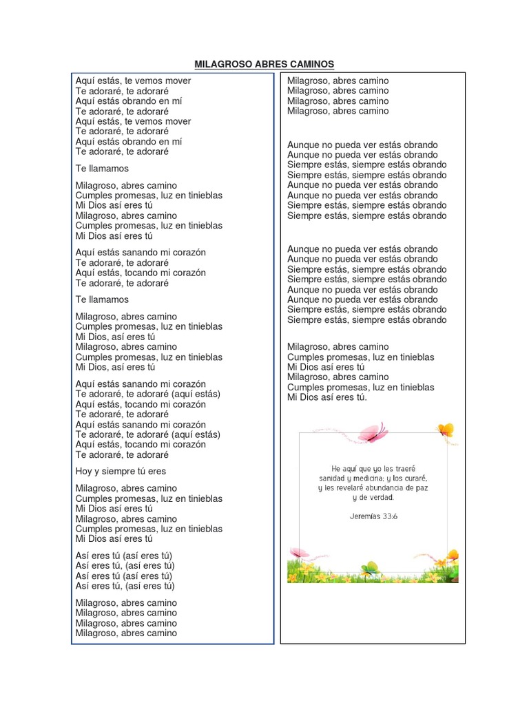 Letra de "Milagroso Abres Caminos" | PDF