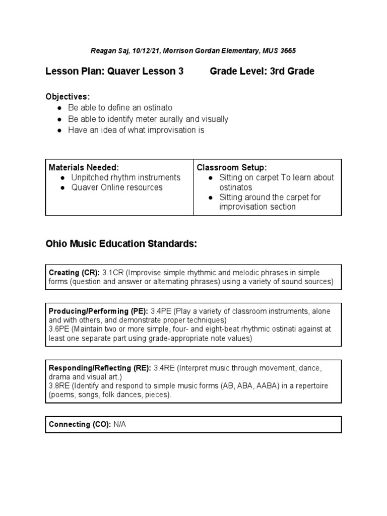 Lesson Plan: Quaver Lesson 3 Grade Level: 3rd Grade | PDF | Lesson Plan ...