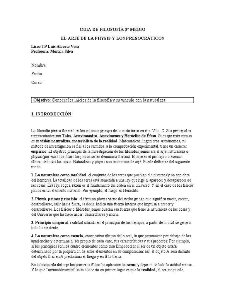 Guía de Filosofía Presocráticos y Physis | PDF | Filosofía griega antigua | Metafísica