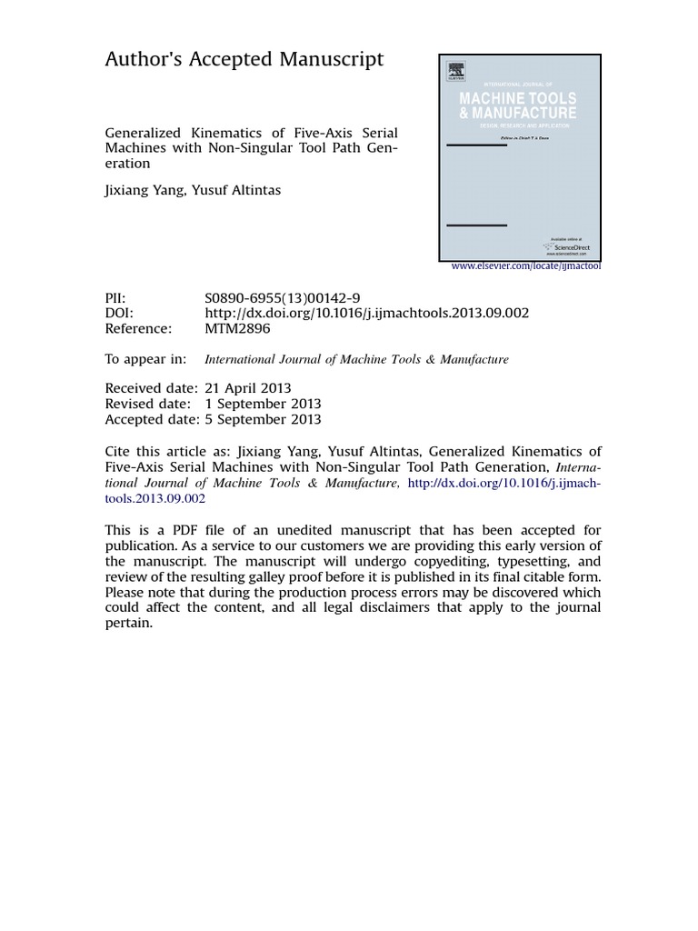 Generalized Kinematics of Five-Axis Serial Machines With | PDF | Kinematics | Machines