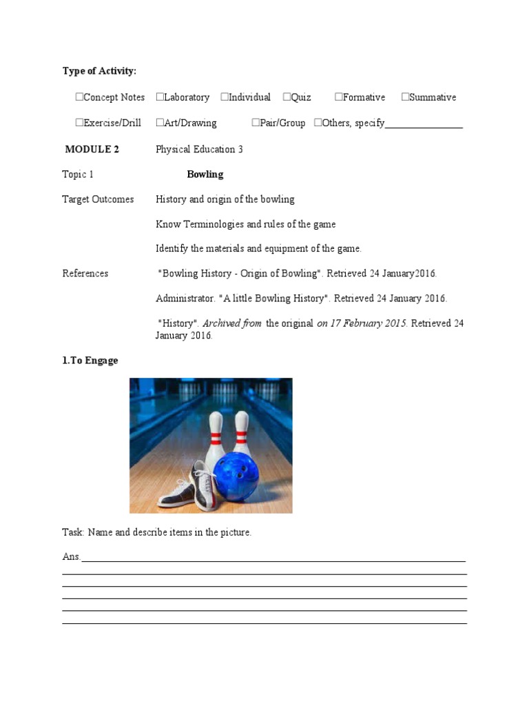 PE 3 M2 T1 History of Bowling | PDF | Team Sports | Games Of Physical Skill