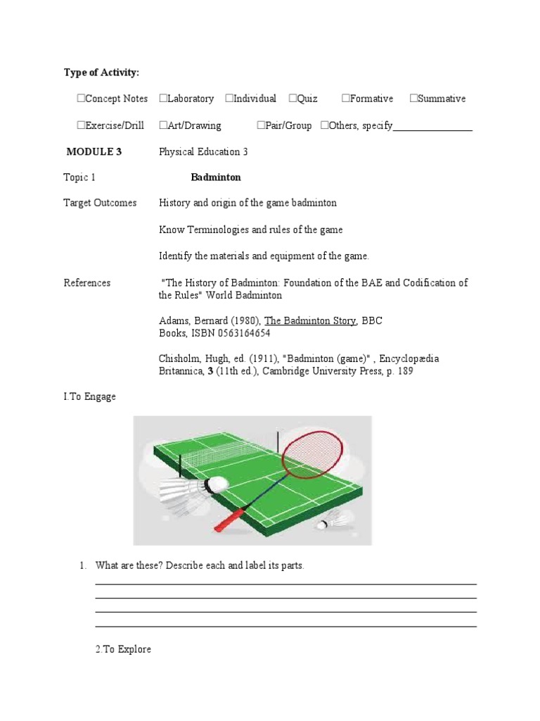 PE 3 M3 T1 Badminto | Descargar gratis PDF | Racquet Sports | Sports