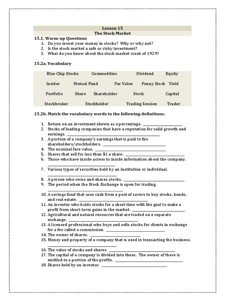 Lesson 15 The Stock Market 15.1. Warm-Up Questions | Download Free PDF ...