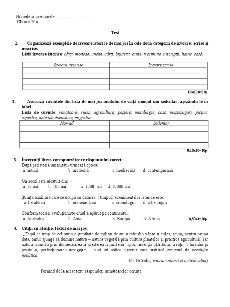 Test Clasa A V A Unitatea 1 Și 2 | PDF