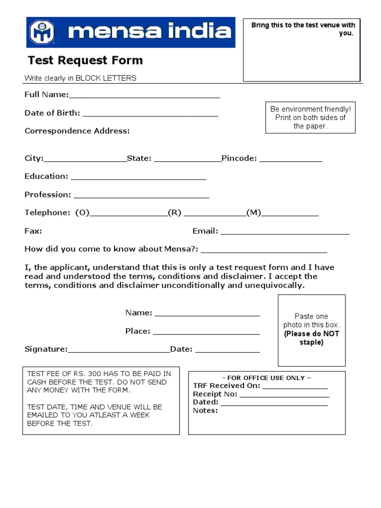 Mensa Test Application Form | PDF | Email | Social Institutions