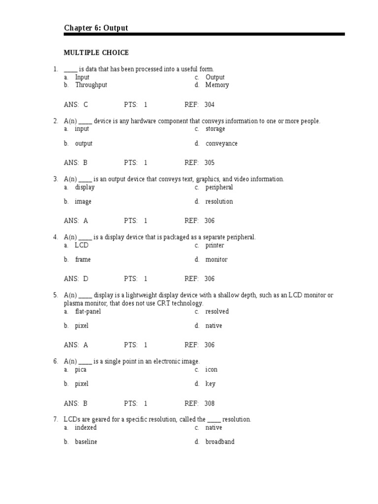 Chapter 6: Output: Multiple Choice | PDF | Printer (Computing) | Computer Monitor