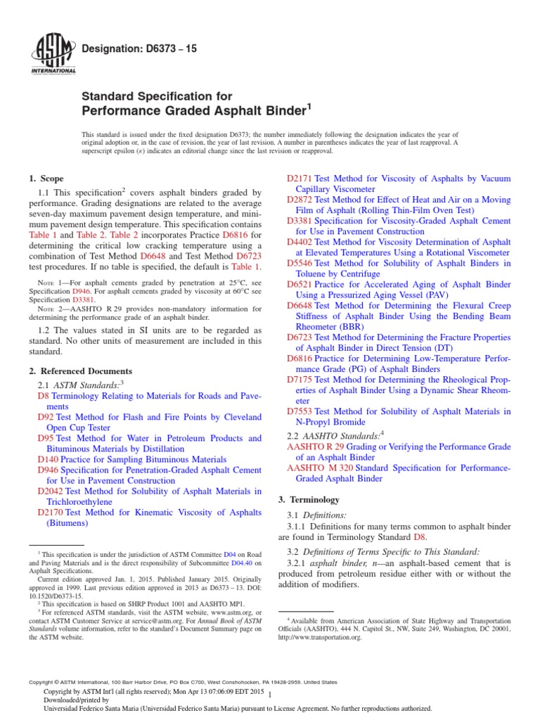 ASTM D6373 Standard Specification For Performance Graded Asphalt Binder | PDF | Viscosity | Asphalt