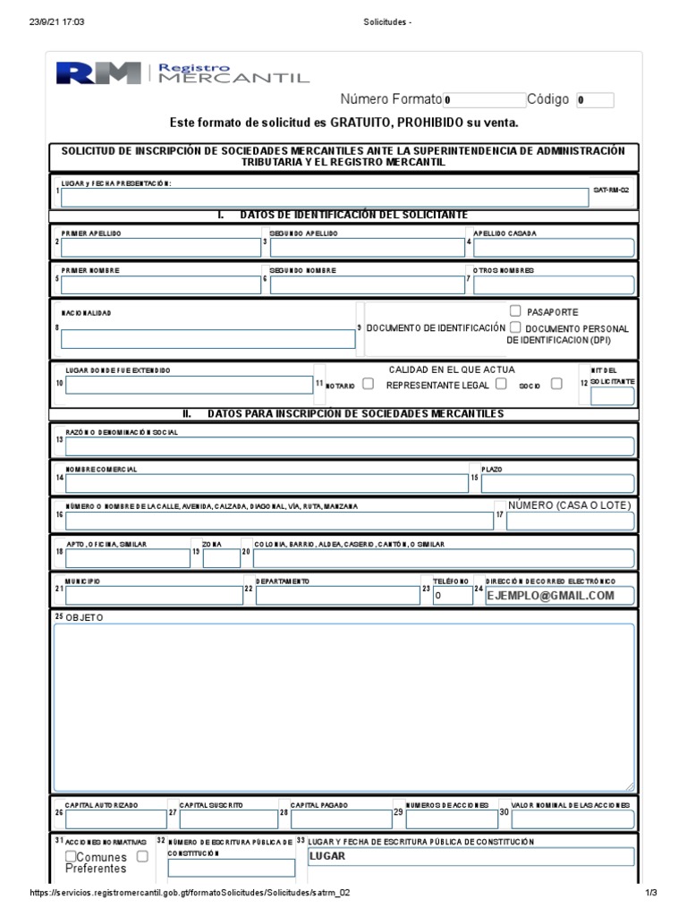 Solicitud de Inscripcion de Sociedad Mercantil Ante Sat y Registro Mercantil | PDF | Sociedad de ...