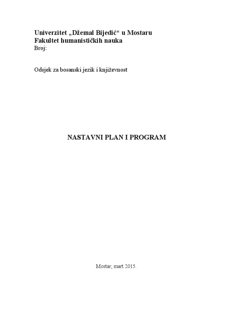 Nastavni Plan I Program Bosanski Jezik I Knjizevnost | PDF