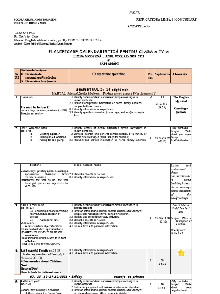 Planificare Calendaristica Clasa A IV-A B Tamaseni | PDF | Cognition ...