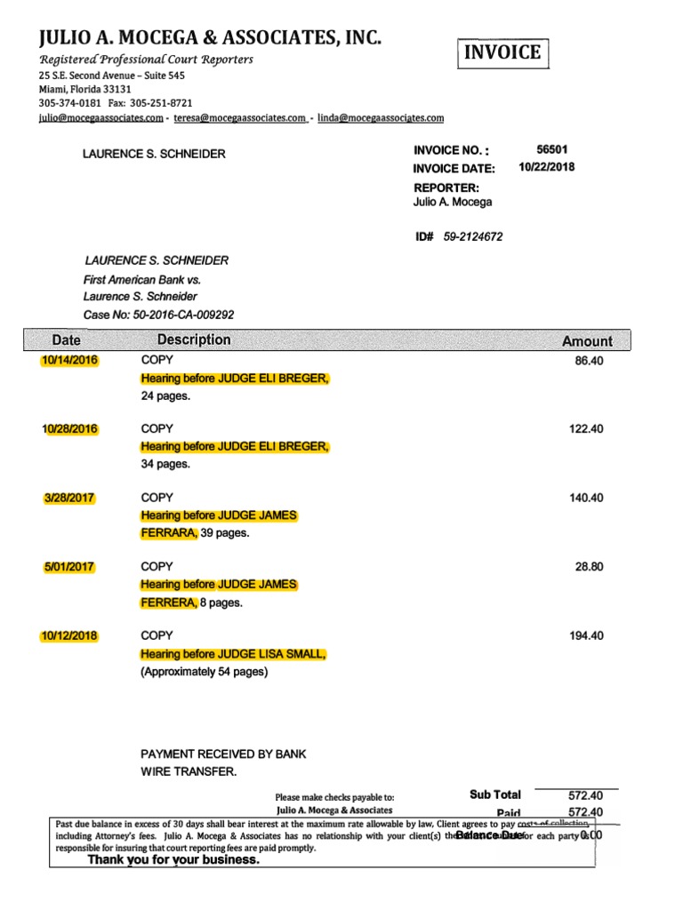 JULIO A. MOCEGA & ASSOCIATES, INC., Invoices For Transcripts | PDF ...