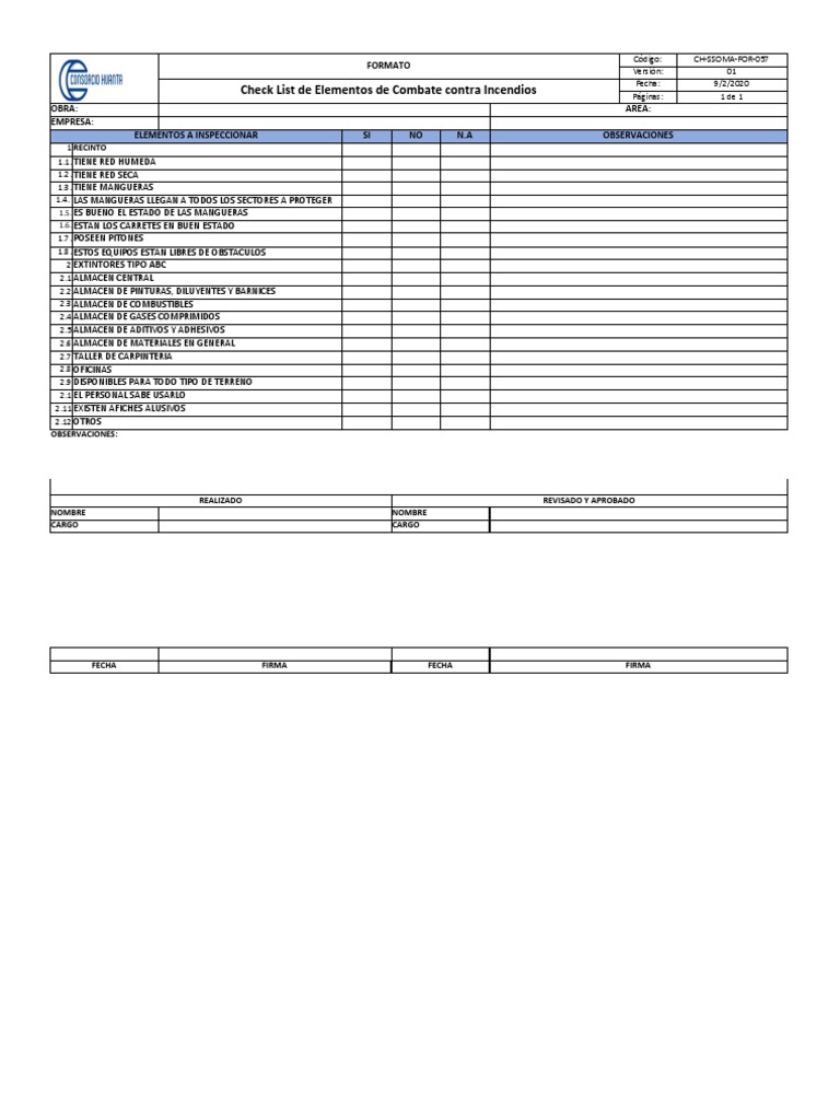 FORMATO 057 - Check List Elementos de Combate Contra Incendios | PDF