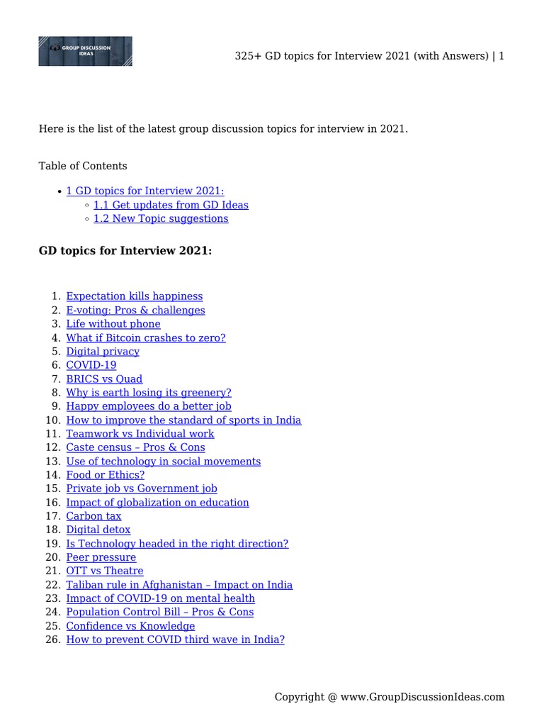 325+ GD Topics For Interview 2021 (With Answers) | PDF | Economy Of ...