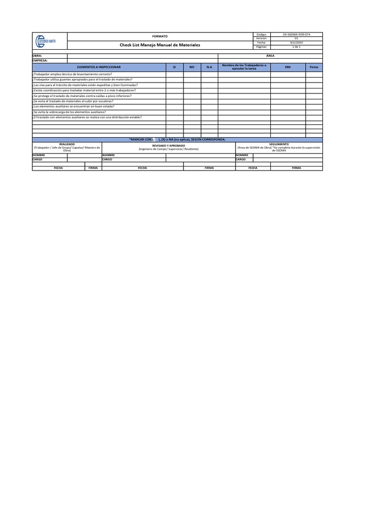 FORMATO 074 - Check List de Manejo Manual de Materiales | PDF