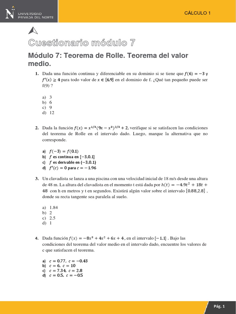 M7 - Cuestionario CALCULO 1 | PDF | Función continua | Intervalo (Matemáticas)