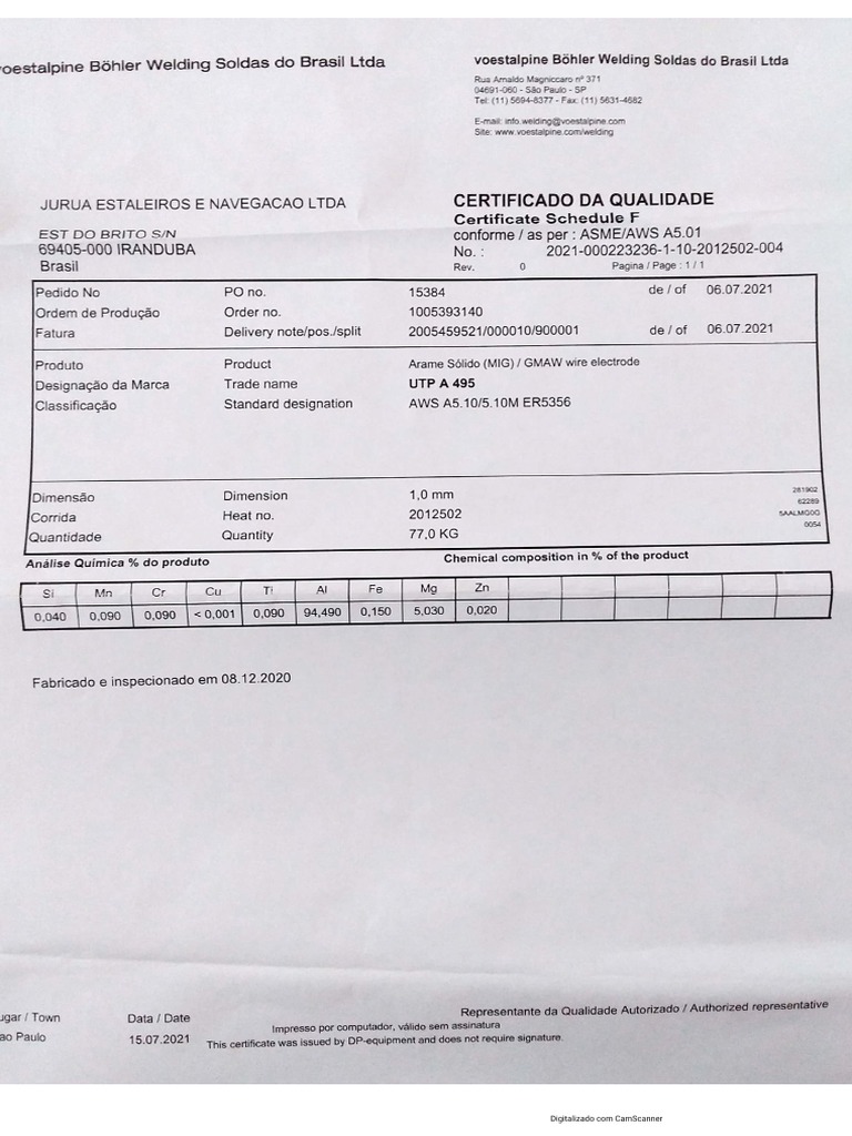 Certificado Arame Sólido | PDF