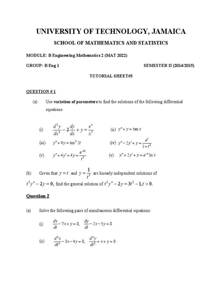 Engineering Mathematics 2 Tutorial Solutions | PDF | Eigenvalues And ...