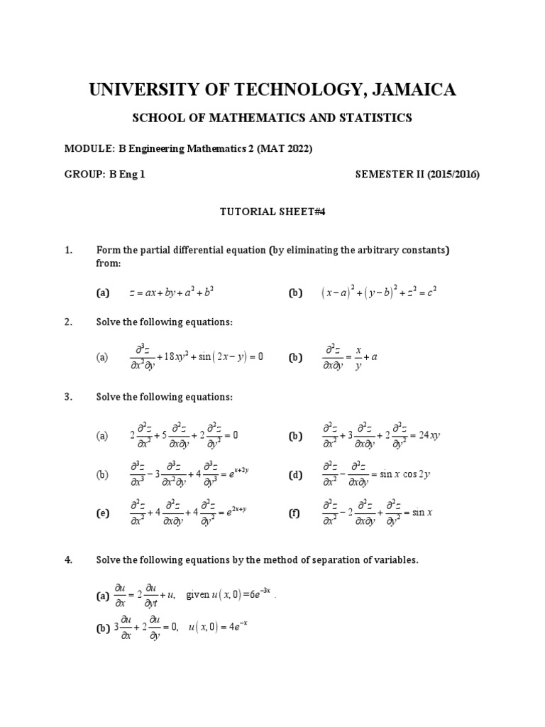 MAT2022 B Engineering Mathematics 2 Work Sheet 4 | PDF | Equations ...