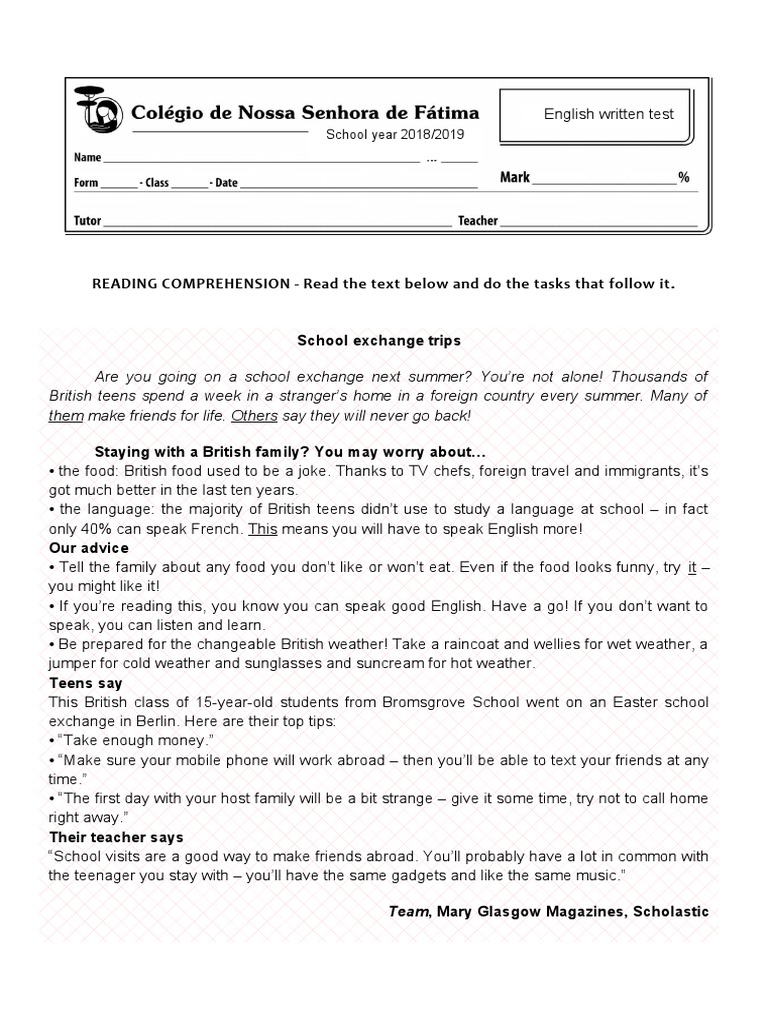 READING COMPREHENSION - Read The Text Below and Do The Tasks That ...