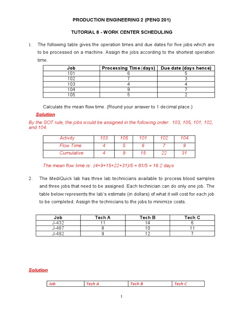 Tutorial 8 Solutions - Work Centre Scheduling | PDF | Mathematics ...