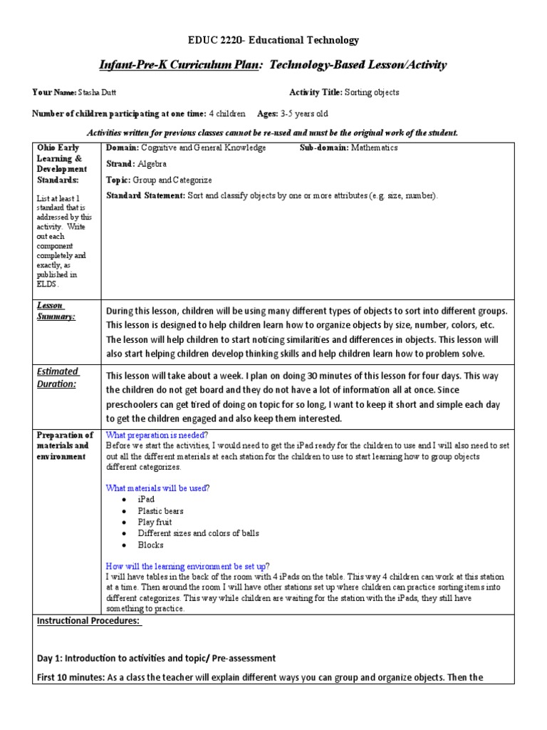 Sorting Lesson Plan | PDF | Neuropsychological Assessment | Communication