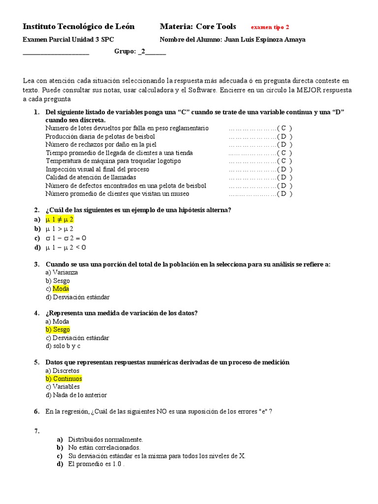 Examen SPC Unidad 3: Core Tools | PDF | Métodos y materiales de enseñanza | Informática