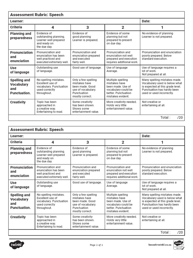 Speech Assessment Rubric Guide | PDF | Rubric (Academic) | Vocabulary
