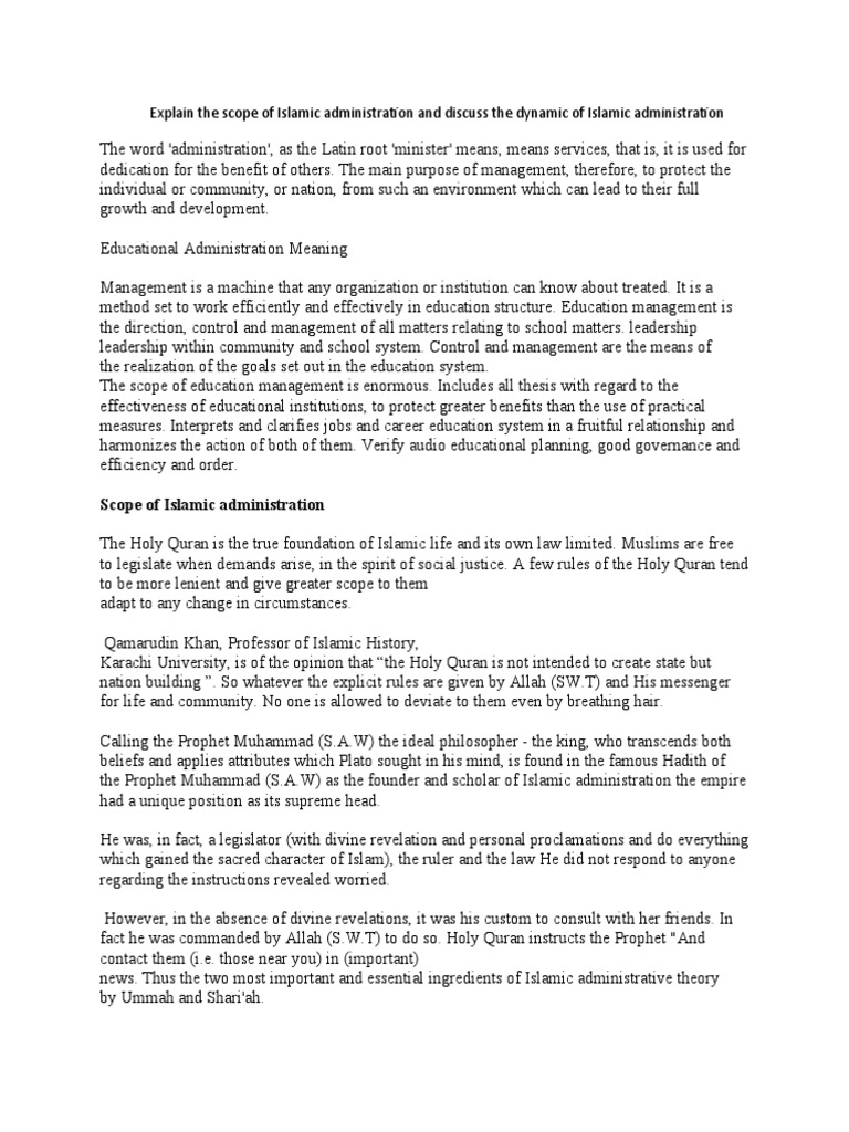 Explain The Scope of Islamic Administration and Discuss The Dynamic of ...