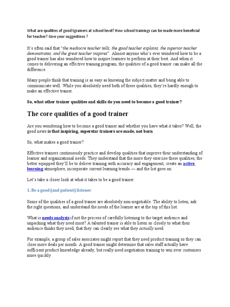 The Core Qualities of A Good Trainer | PDF | Lesson Plan | Learning